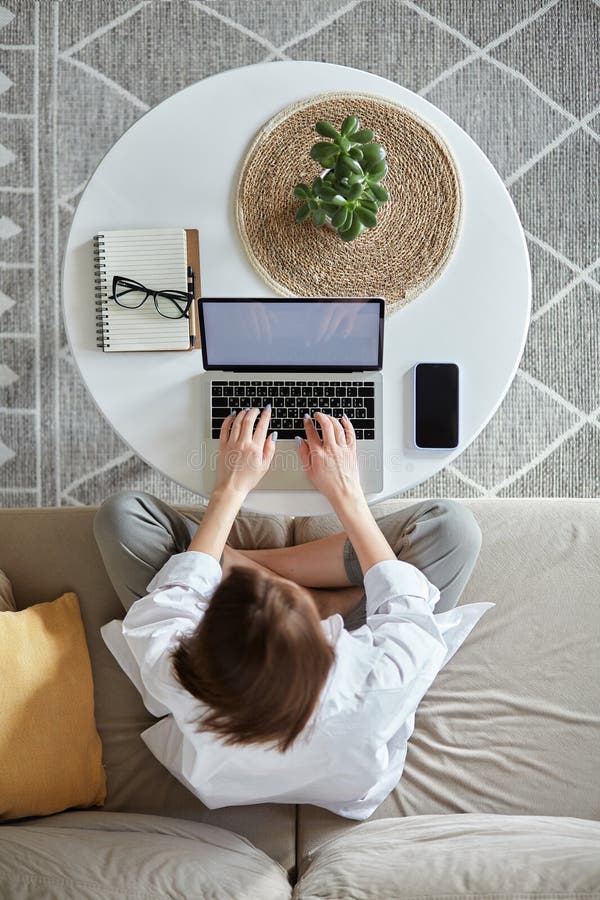 Mockup White Screen Laptop Woman Using Computer Sitting on Sofa at Home ...