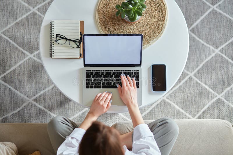 Mockup White Screen Laptop Woman Using Computer Sitting on Sofa at Home ...