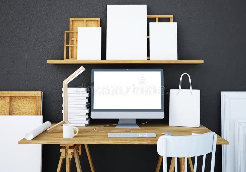 Mockup Work Desk with a PC. 3d Stock Illustration - Illustration of ...