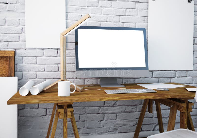 Mockup Work Desk with a PC. 3d Stock Illustration - Illustration of ...