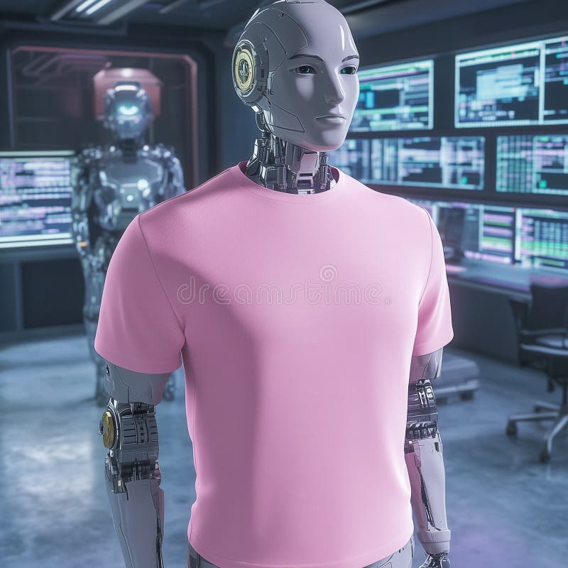 Sleek Robot Android with a Metallic Body in a Fitted Teal Short-sleeve ...