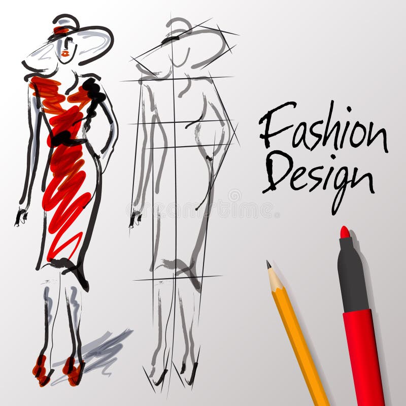 Mode-Design-Skizze Einer Frau Mit Einem Kleid Vektor Abbildung ...