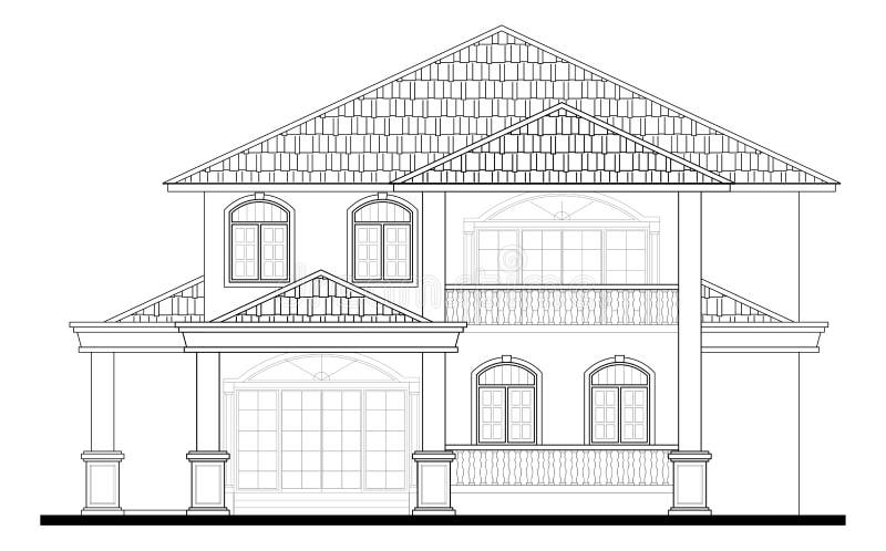 Two-storey Terraced House in 2D Black and White CAD Drawing. Stock ...