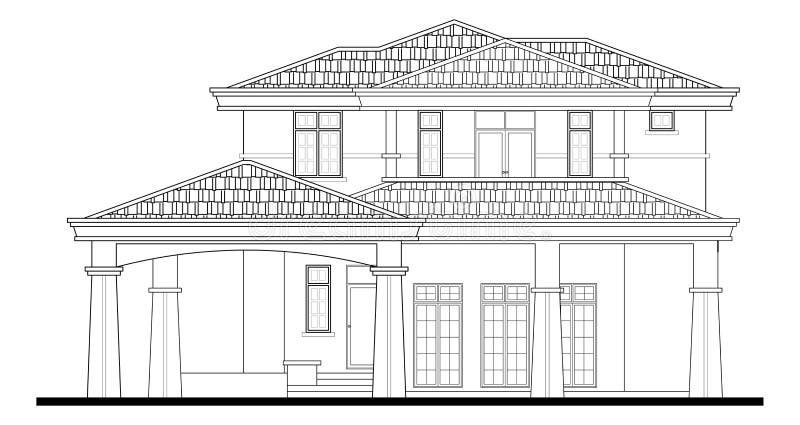 Two-storey Terraced House in 2D Black and White CAD Drawing. Stock ...