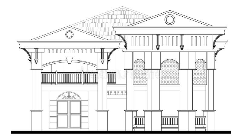 Two-storey Terraced House in 2D Black and White CAD Drawing. Stock ...
