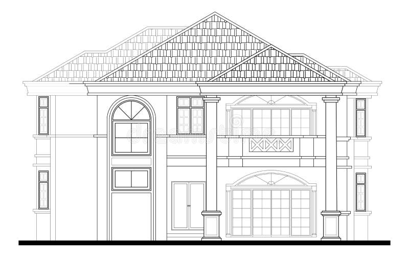 Two-storey Terraced House In 2D Black And White CAD Drawing. Stock ...