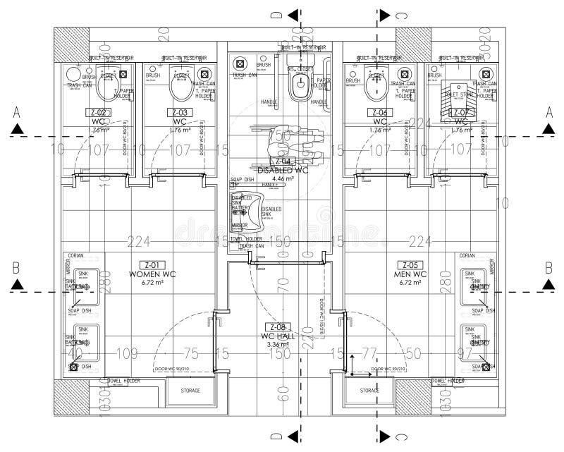 Floor Plan Design of a Public Wc, Detailed Project, Architectural Plan ...