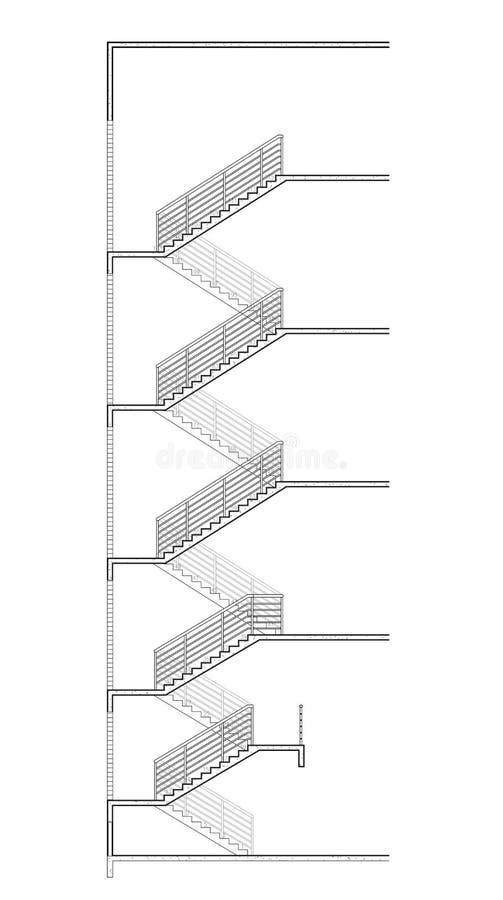 2D CAD Architectural Drawing Section of the Stairs that Connect the 4 ...
