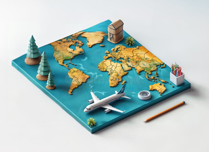 Model Airplane on a 3D World Map with Miniatures and Stationery Items ...