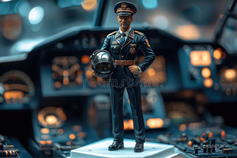 Model Airplane Pilot Figure Stands on Control Panel in Cockpit Setting ...