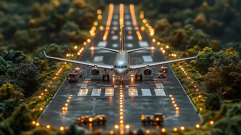A Model Airplane on a Runway with Lights Illuminating the Path Ahead ...