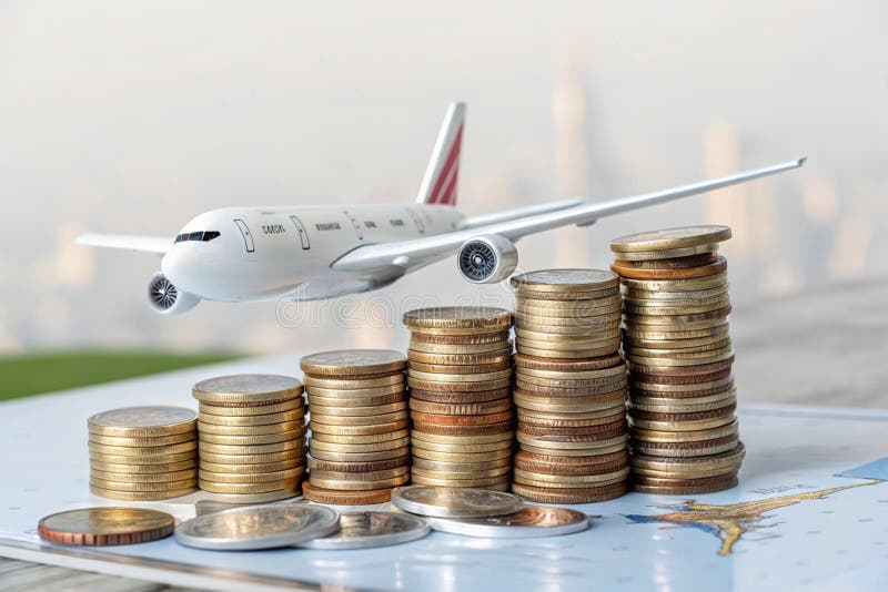 A Model Airplane Sits on a Stack of Coins, Symbolizing Travel Expenses ...