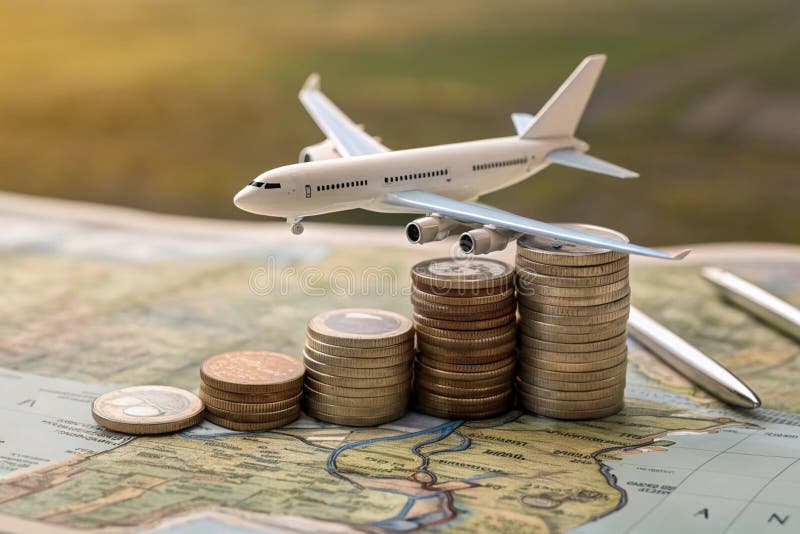 A Model Airplane Sits on a Stack of Coins, Symbolizing Travel Expenses ...