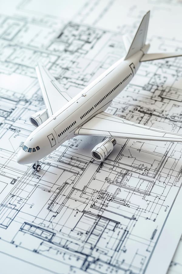 A Model Airplane Sitting on Top of Blueprints on a Table Stock ...