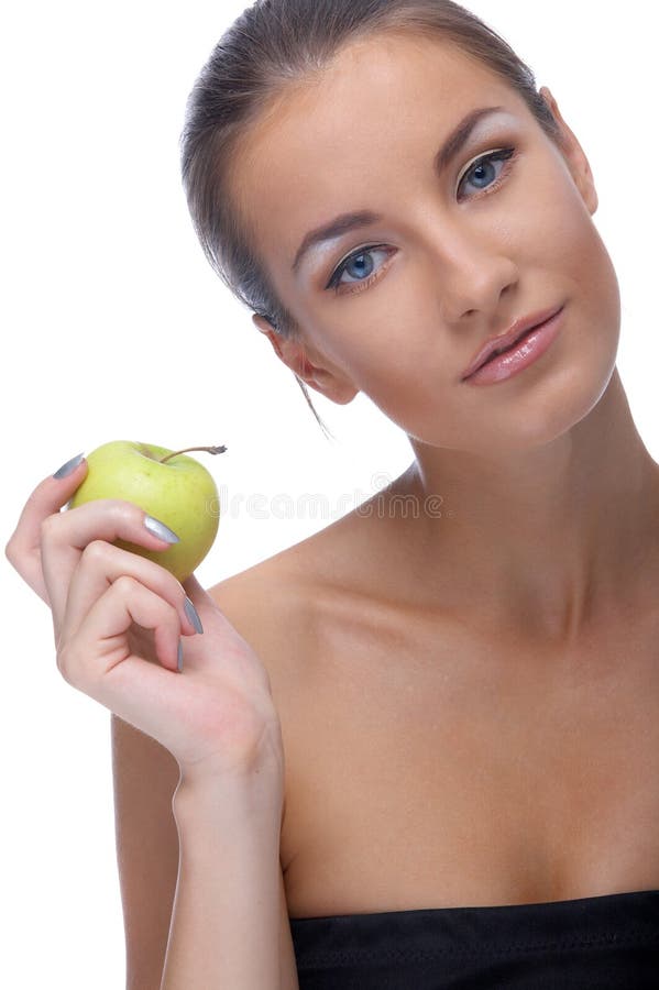 Model with apple stock image. Image of face, black, isolated - 7045475