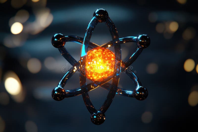 Model of an Atom with Glowing Nucleus and Orbiting Electrons in a ...