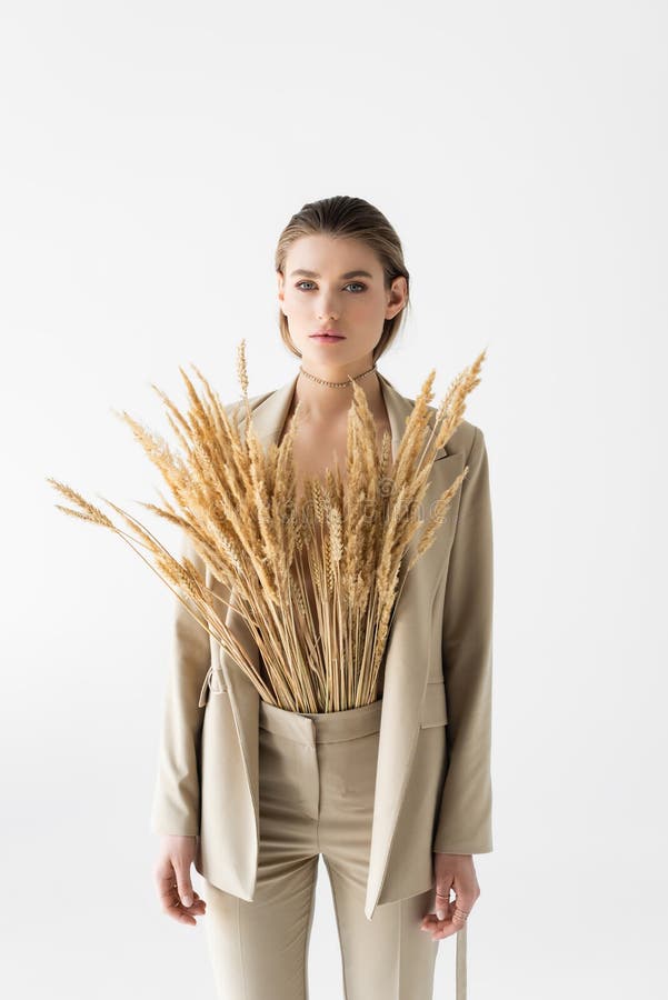 Model in Beige Suit with Wheat Stock Photo - Image of jacket, pants ...