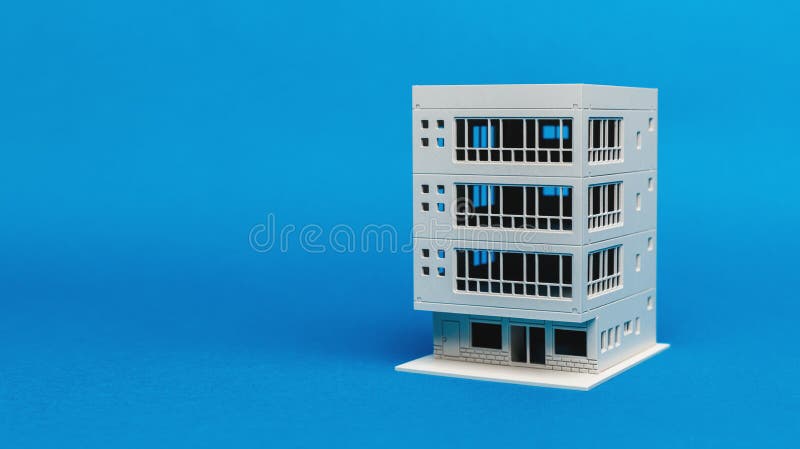 Model of a Building Balancing on One Edge on a Blue Background Stock ...