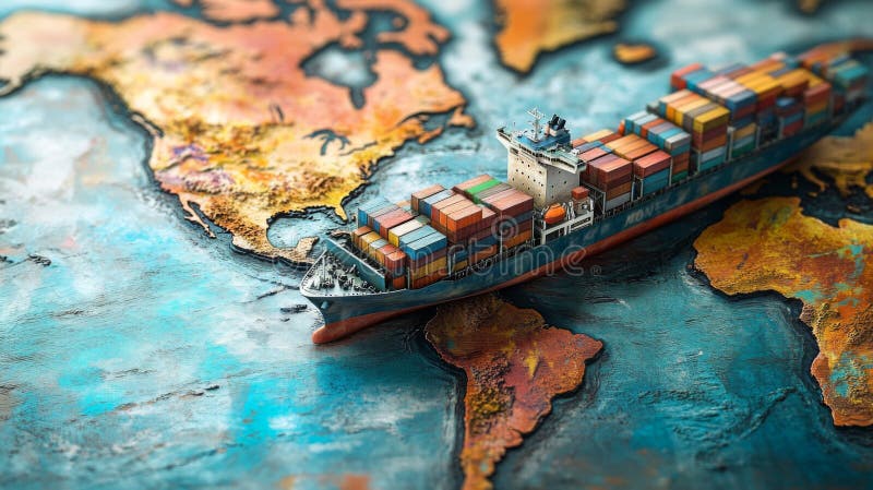 Model Cargo Ship on a Colorful World Map Stock Illustration ...