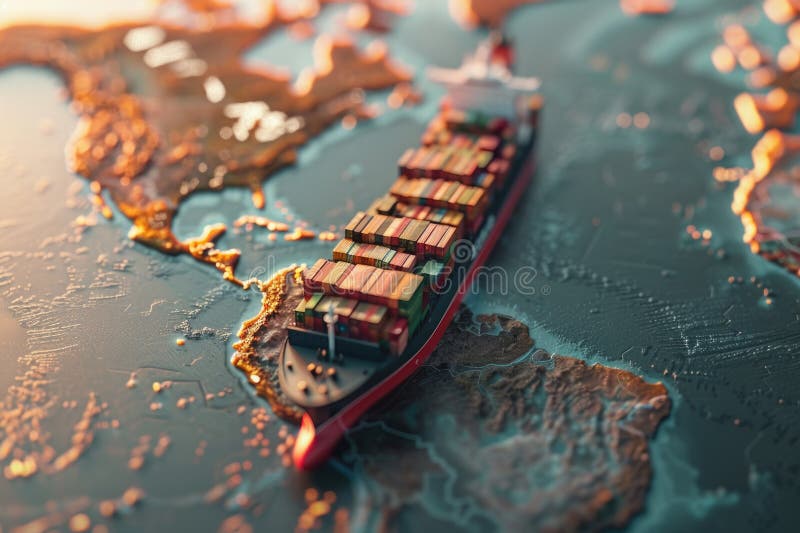 A Model of a Cargo Ship Placed on a Map. Suitable for Logistics and ...