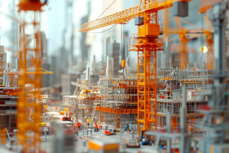 Model City with Construction Cranes, Showcase of Unfolding Construction ...