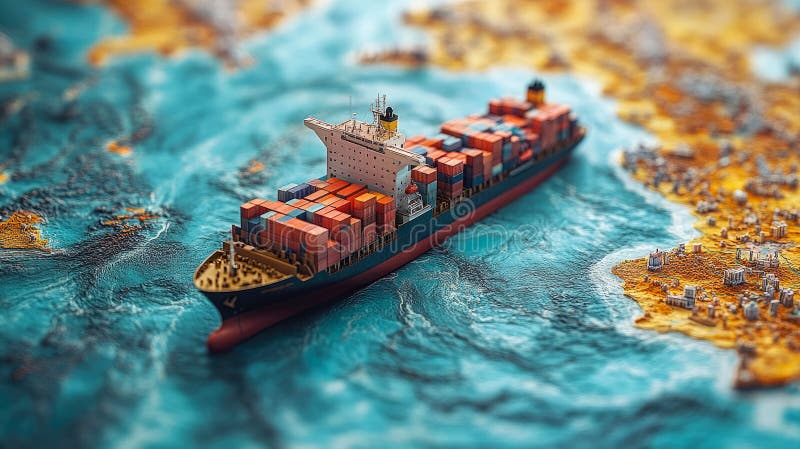 A Model of a Container Ship Navigating Across a World Map, Symbolizing ...