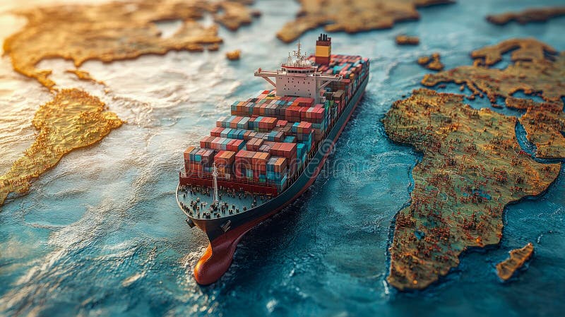 A Model of a Container Ship Navigating Across a World Map, Symbolizing ...