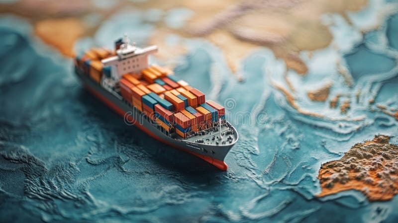 Model of Container Ship on World Map Representing Global Trade and ...