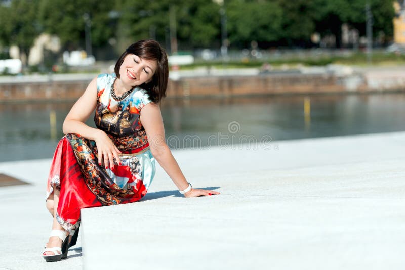 Model In Dress Posing On Exterior Set Closed Eyes Stock Image Image