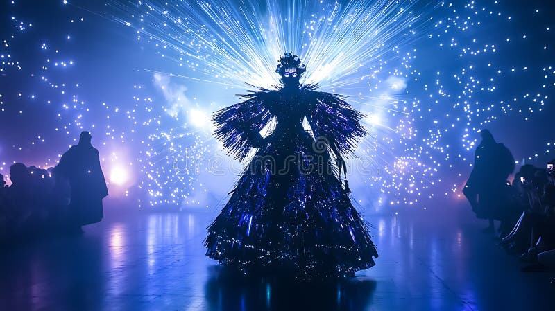Model in Elaborate Costume on Stage with Lights and Audience Stock ...
