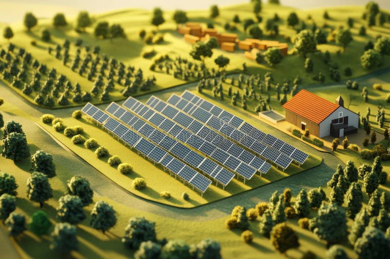 A Model of a Farm with a Large Solar Panel Field and a Red Barn Stock ...