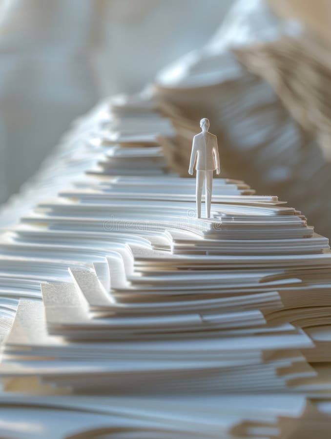 Model Figure of a Person Standing on a Stack of Papers. Stock Photo ...