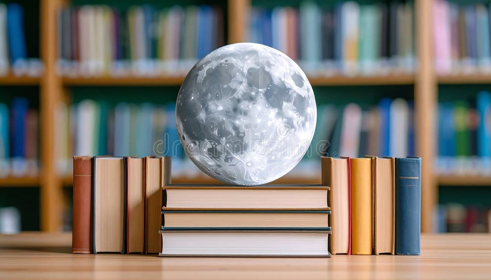 A Model of the Full Moon Sits on a Stack of Books in a Library ...