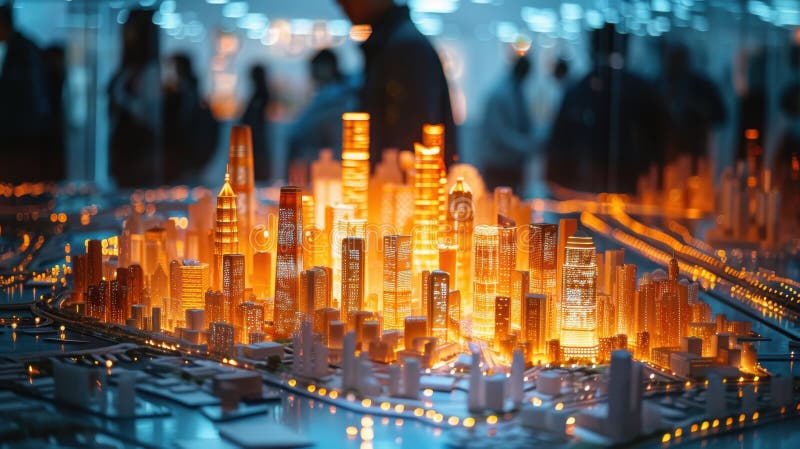 A Model of a Futuristic City with Skyscrapers on an Exhibition Table ...