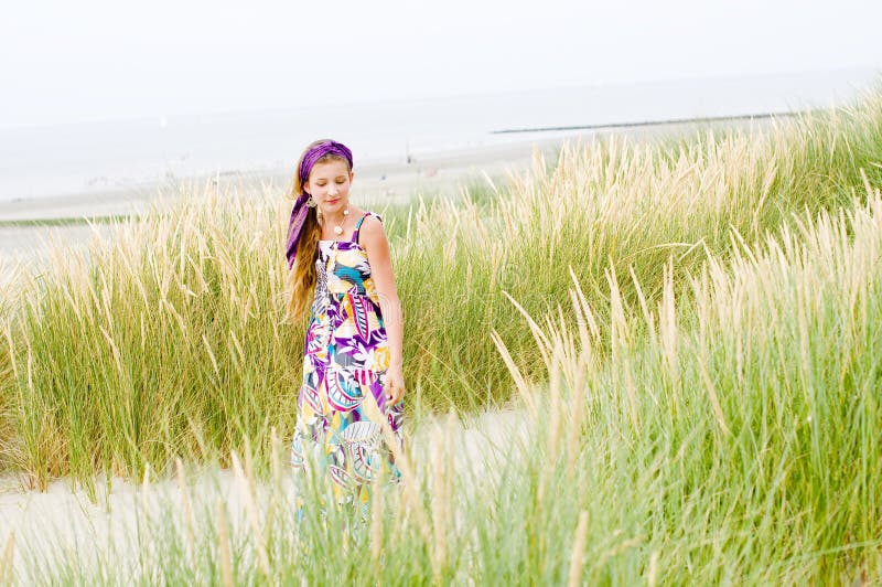 Model Girl Walking in Sand Dunes Beach Stock Photo - Image of beautiful ...