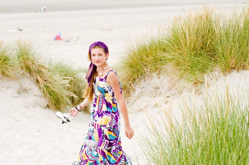 Model Girl Walking in Sand Dunes Beach Stock Photo - Image of jewels ...