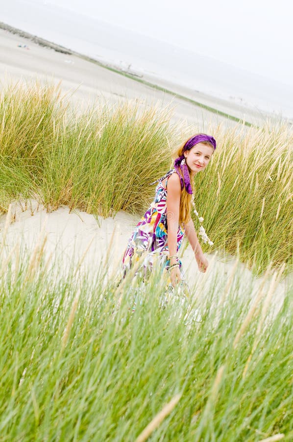 Model Girl Walking in Sand Dunes Beach Stock Photo - Image of gorgeous ...