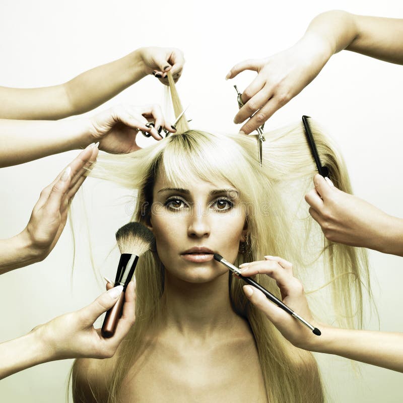 Model and Hands of Stylists Stock Photo - Image of cosmetic, feminine ...