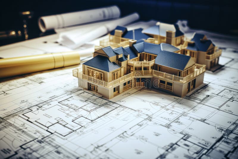 Model Home on Architectural Plans. Background with Selective Focus and ...