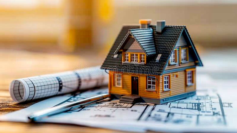 Model Home on Architectural Plans with Pen Stock Illustration ...