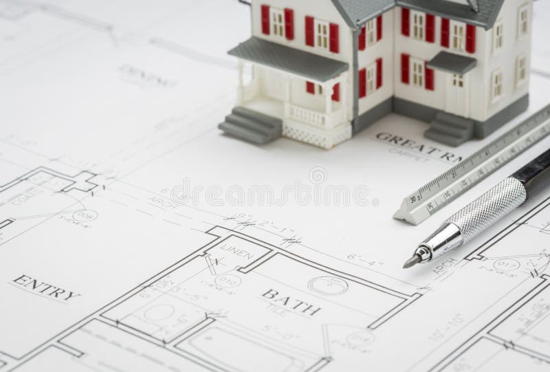 Model Home, Engineer Pencil and Ruler Resting on House Plans Stock ...