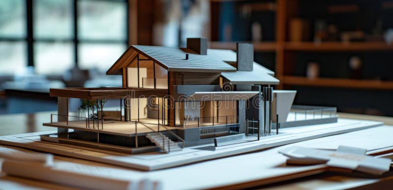 A Model Home Sitting on a Table with Various Architectural Drawings ...