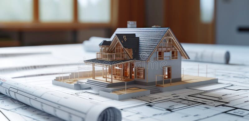 A Model Home Sitting on a Table with Various Architectural Drawings ...
