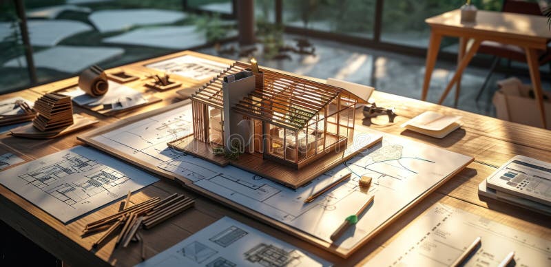 A Model Home Sitting on a Table with Various Architectural Drawings ...