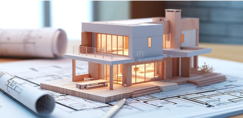A Model Home Sitting on a Table with Various Architectural Drawings ...