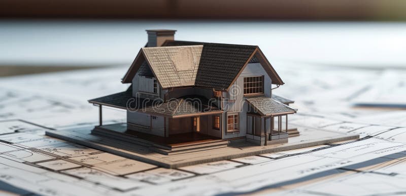 A Model Home Sitting on a Table with Various Architectural Drawings ...