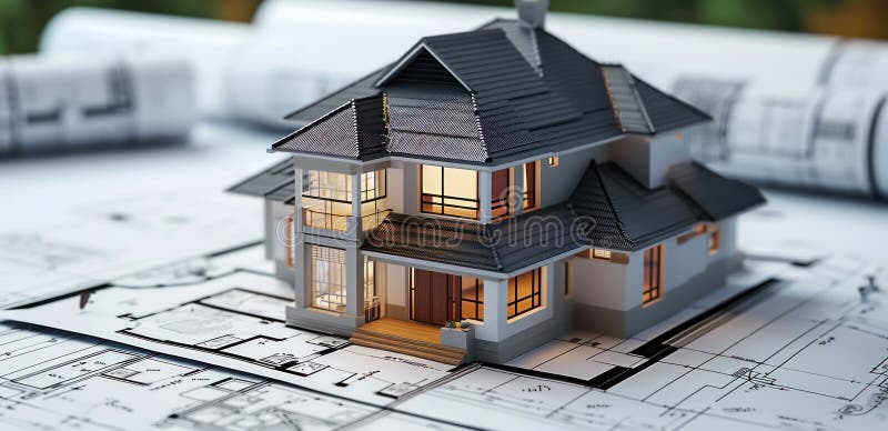 A Model Home Sitting on a Table with Various Architectural Drawings ...