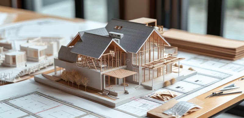 A Model Home Sitting on a Table with Various Architectural Drawings ...