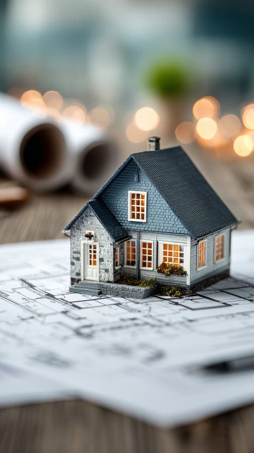 Model House on Architectural Blueprints Surrounded by Rolled Documents ...