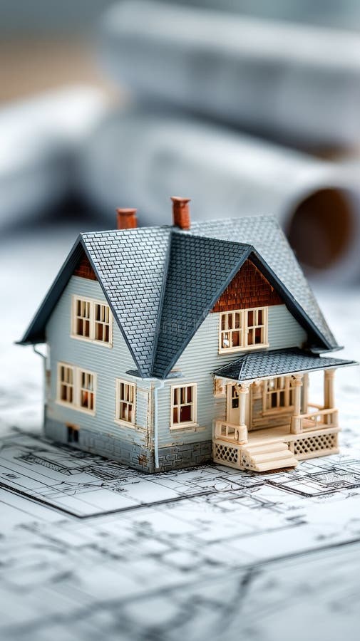 Model House on Architectural Blueprints Surrounded by Rolled Documents in a Design Studio. Stock ...